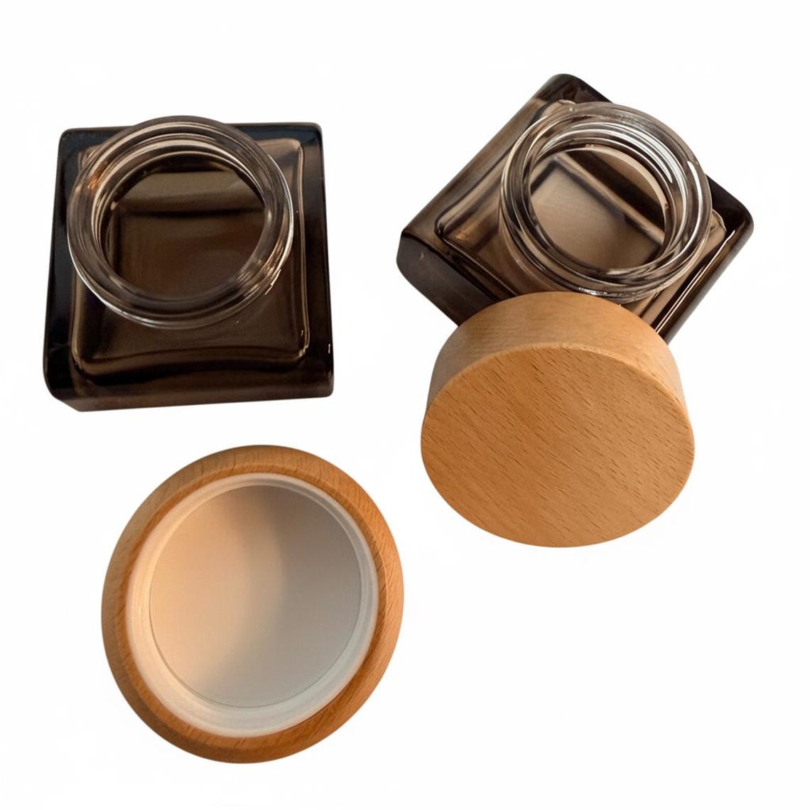 Clear Brown Cosmetic Packaging Set With Natural Wood Cap, Glass ...