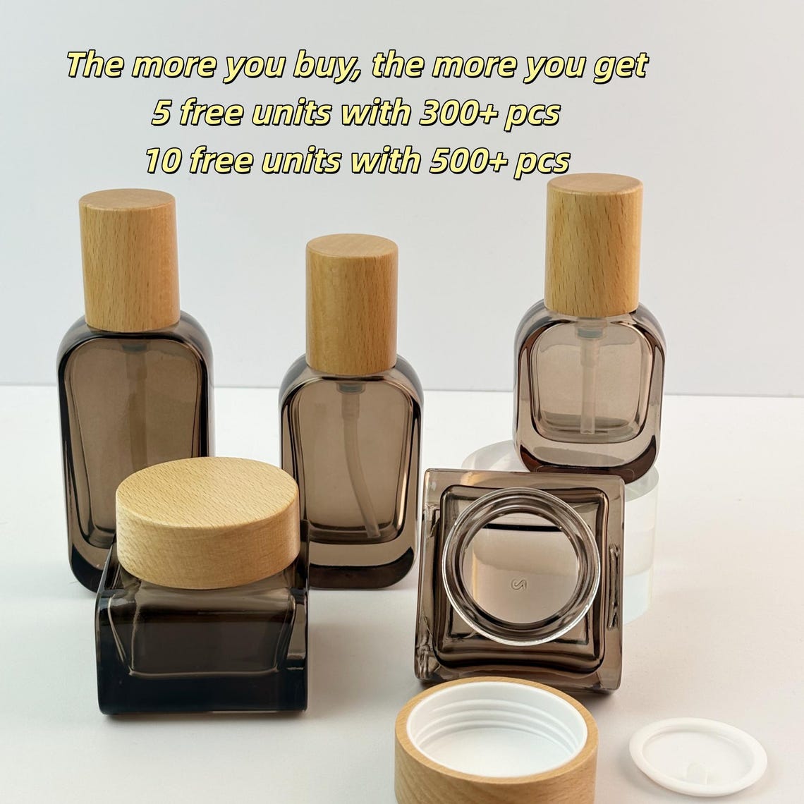 Clear Brown Cosmetic Packaging Set With Natural Wood Cap, Glass ...