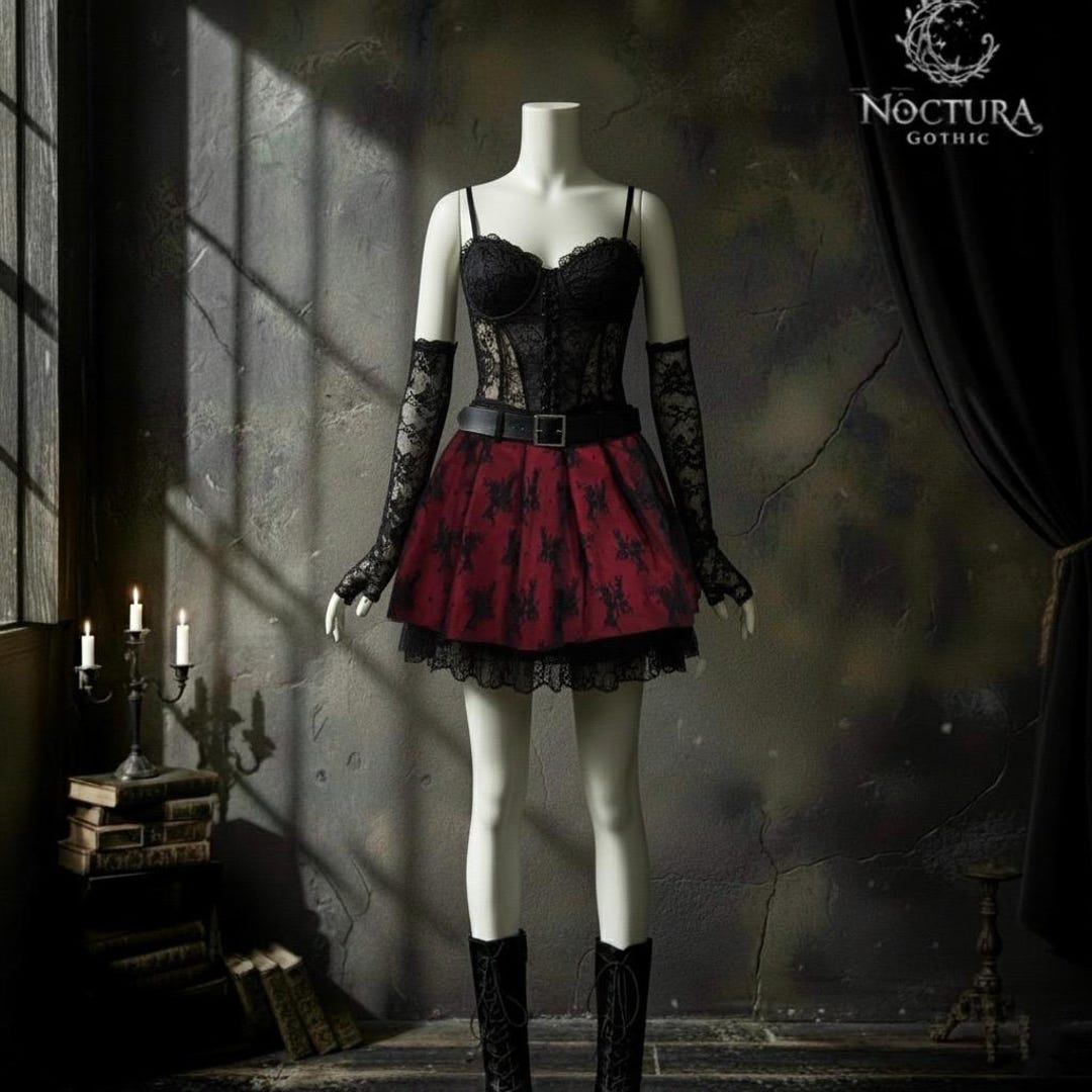Gothic Damask Mini Skirt – Red & Black Lace Trim, Romantic Goth - Etsy