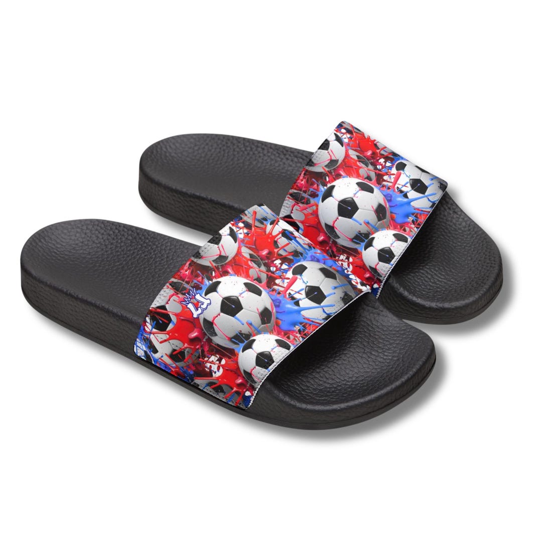 Men's Soccer Slides, Red and Blue Paint Splatter, Removable Strap ...