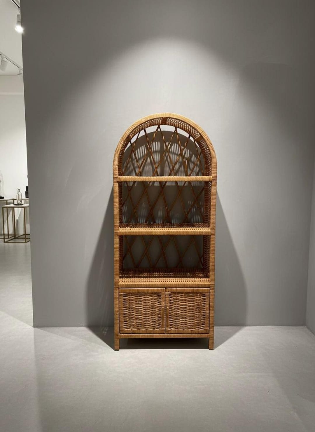 Arched Rattan Bookcase With Cabinet – Wicker Storage Shelf, Natural ...