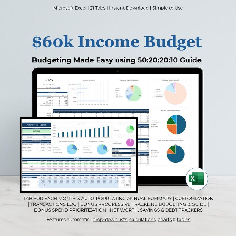 Excel Budget Planner for 60k Dollar Income: Monthly & Annual Finance ...