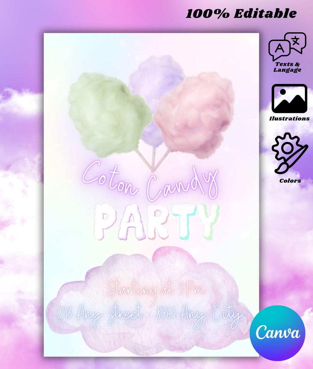 Cotton Candy Party Invitation – Editable Canva Template – Kids Birthday ...
