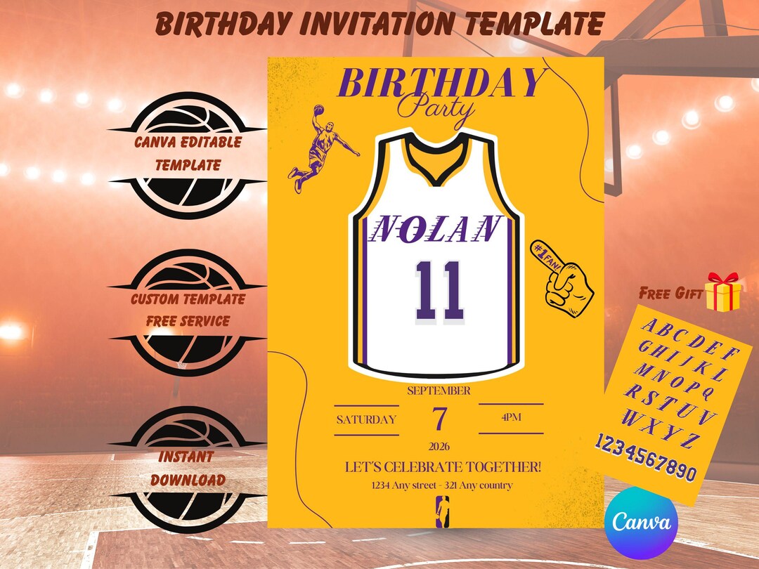 NBA Birthday Invitation Los Angeles Lakers– Editable Canva Template ...
