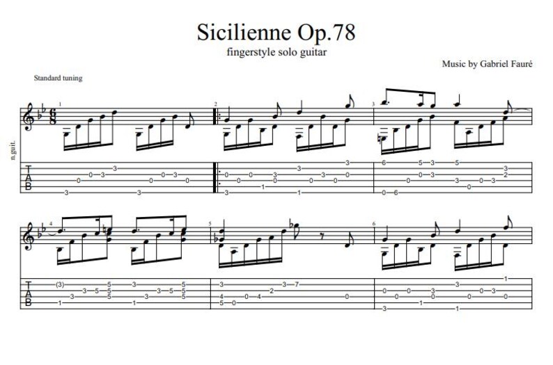 Sicilienne Op.78 (gabriel Fauré) Fingerstyle Solo Guitar Sheet Music ...