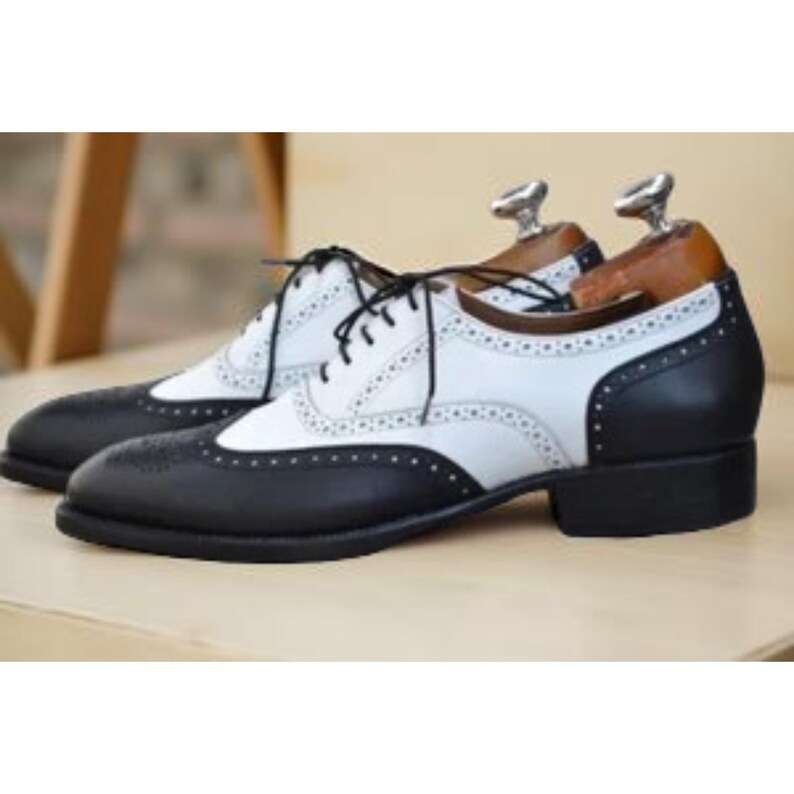 Handmade Bespoke Men’s Black & White Leather Wingtip Brogue Shoes - Etsy