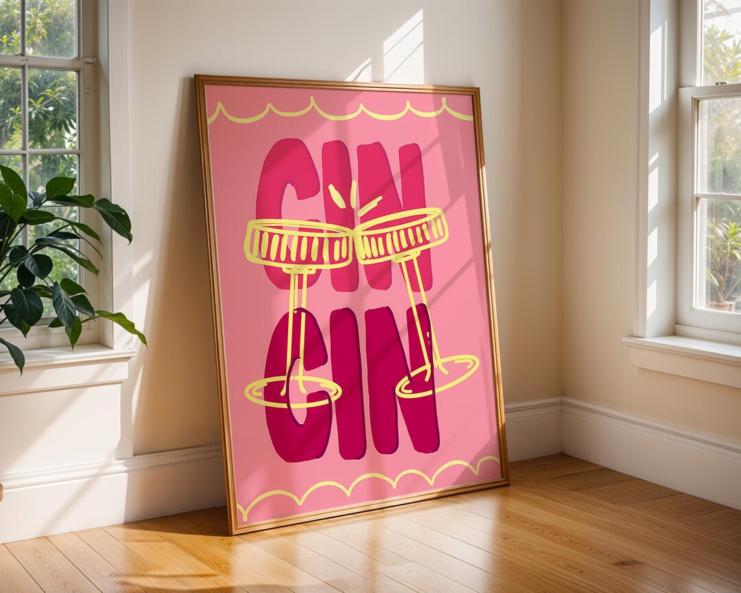 Cin Cin Cheers Art Print : Pink Yellow Retro Cocktail Bar Wall Decor ...