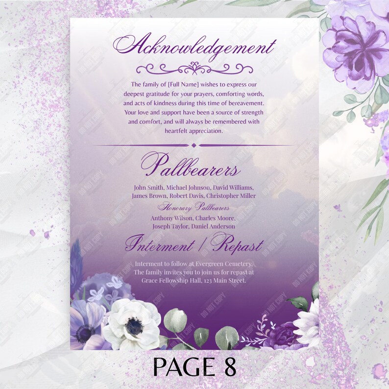 Purple Floral Funeral Program Canva Template: 8-page Memorial Brochure ...