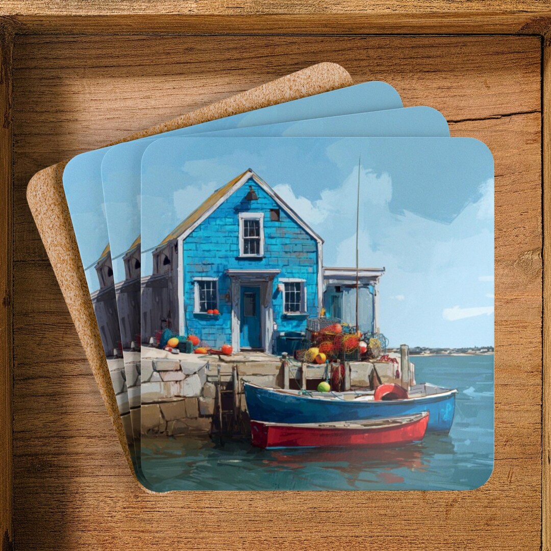 Nautical Blue Fishing Shack Coaster Set, Coastal Harbor Art, New ...