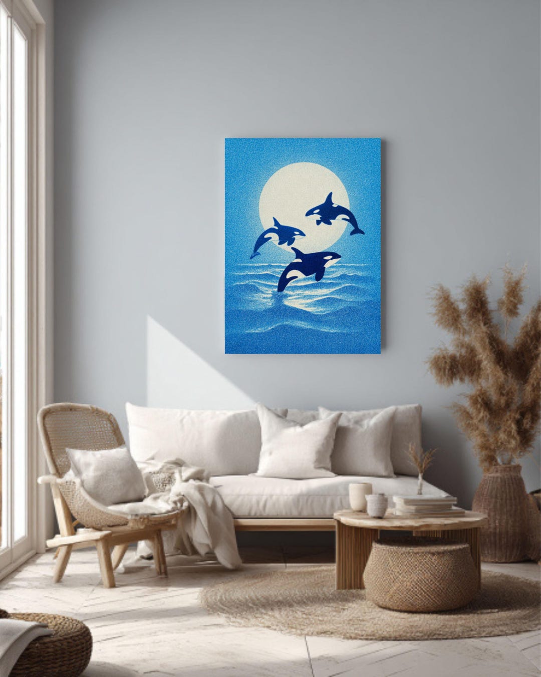 Orca Whale Moon Canvas, Blue Killer Whale Ocean, Marine Life Stipple ...