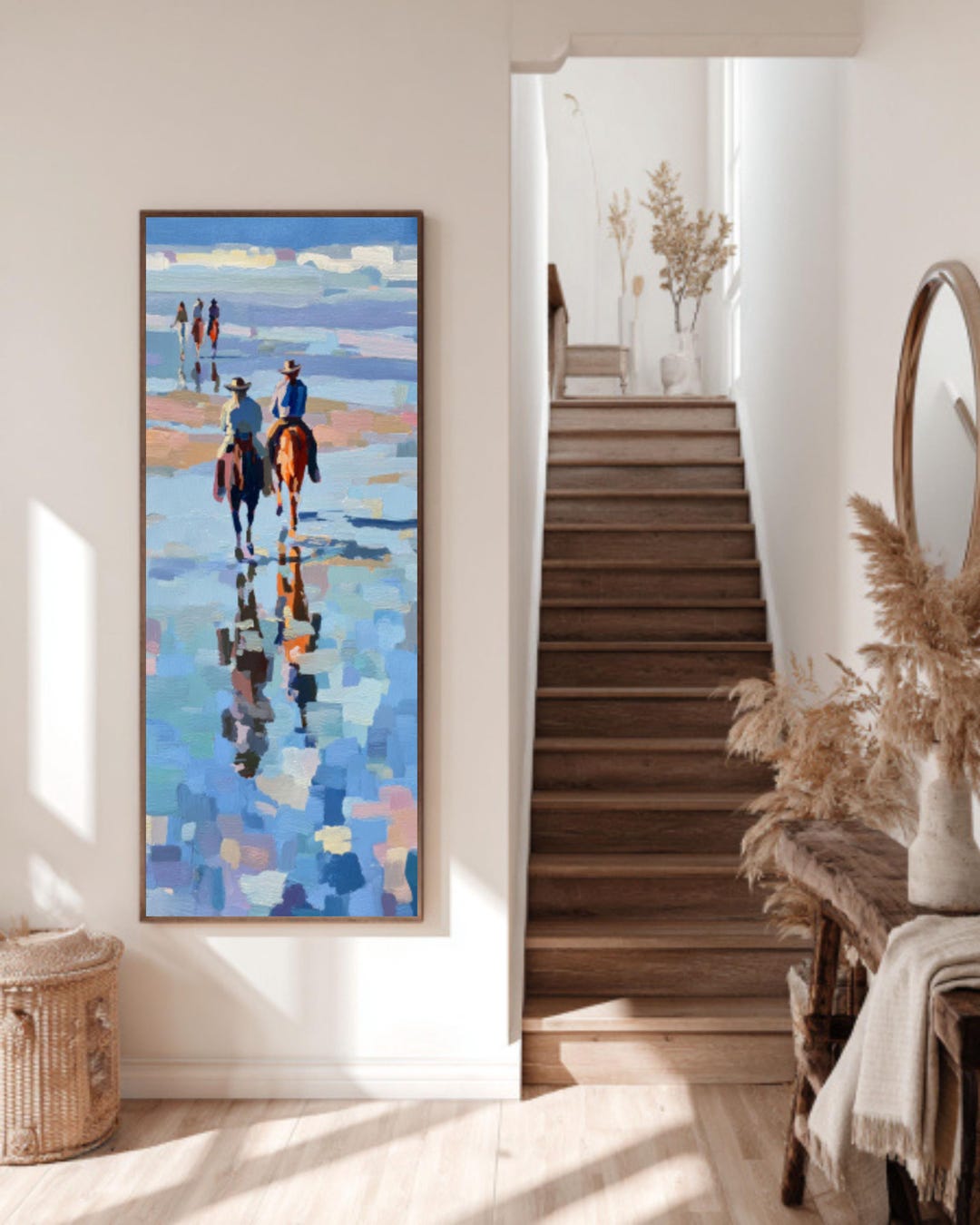 Impressionist Horse Riders Beach Canvas, Coastal Equine Wall Art, Blue ...