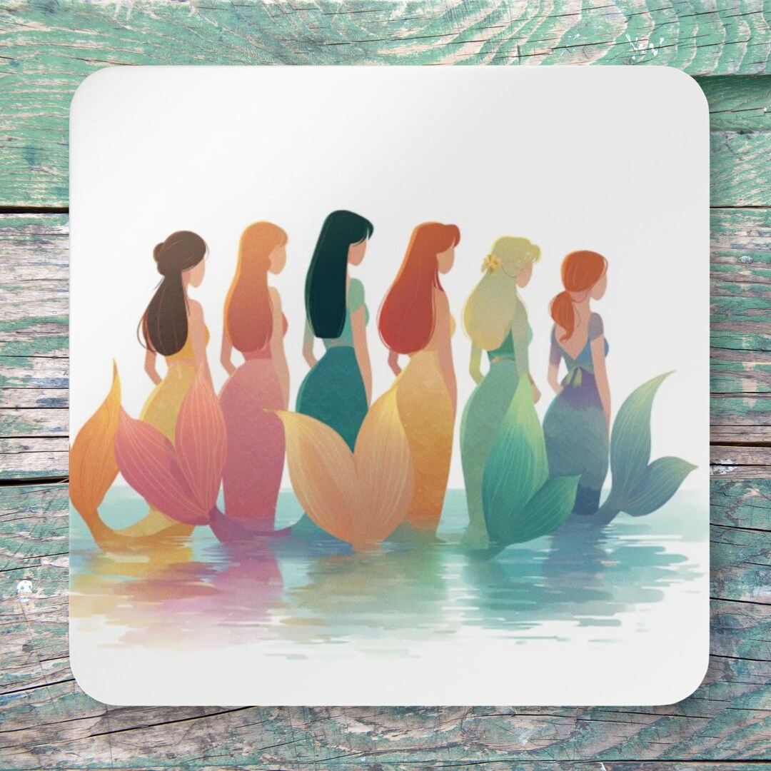 Pastel Mermaid Coaster Set, Cute Cartoon Sea Tails Art, Ocean ...