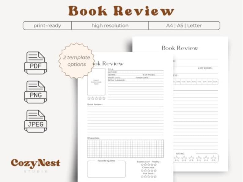 Printable Book Review Template: Reading Journal, Book Tracker (PDF ...