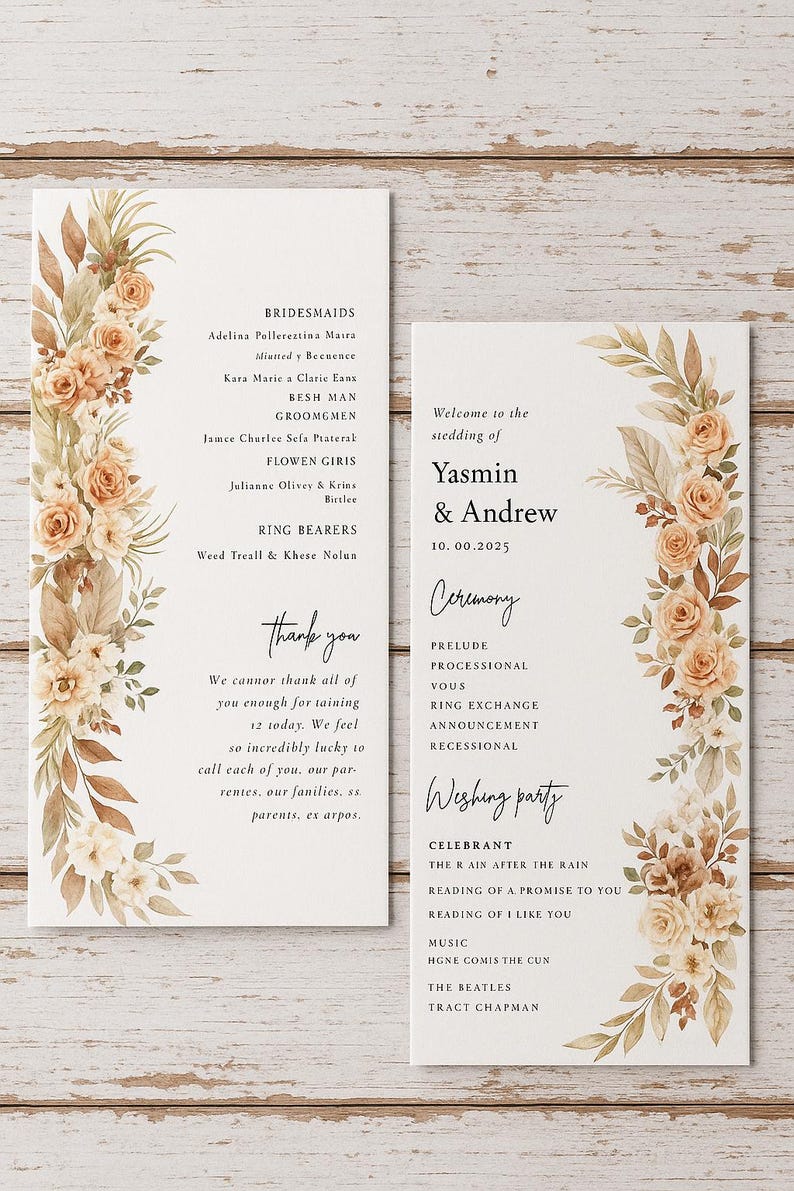 Rustic Floral Wedding Program Template | Editable Ceremony Program & Order of Service ...