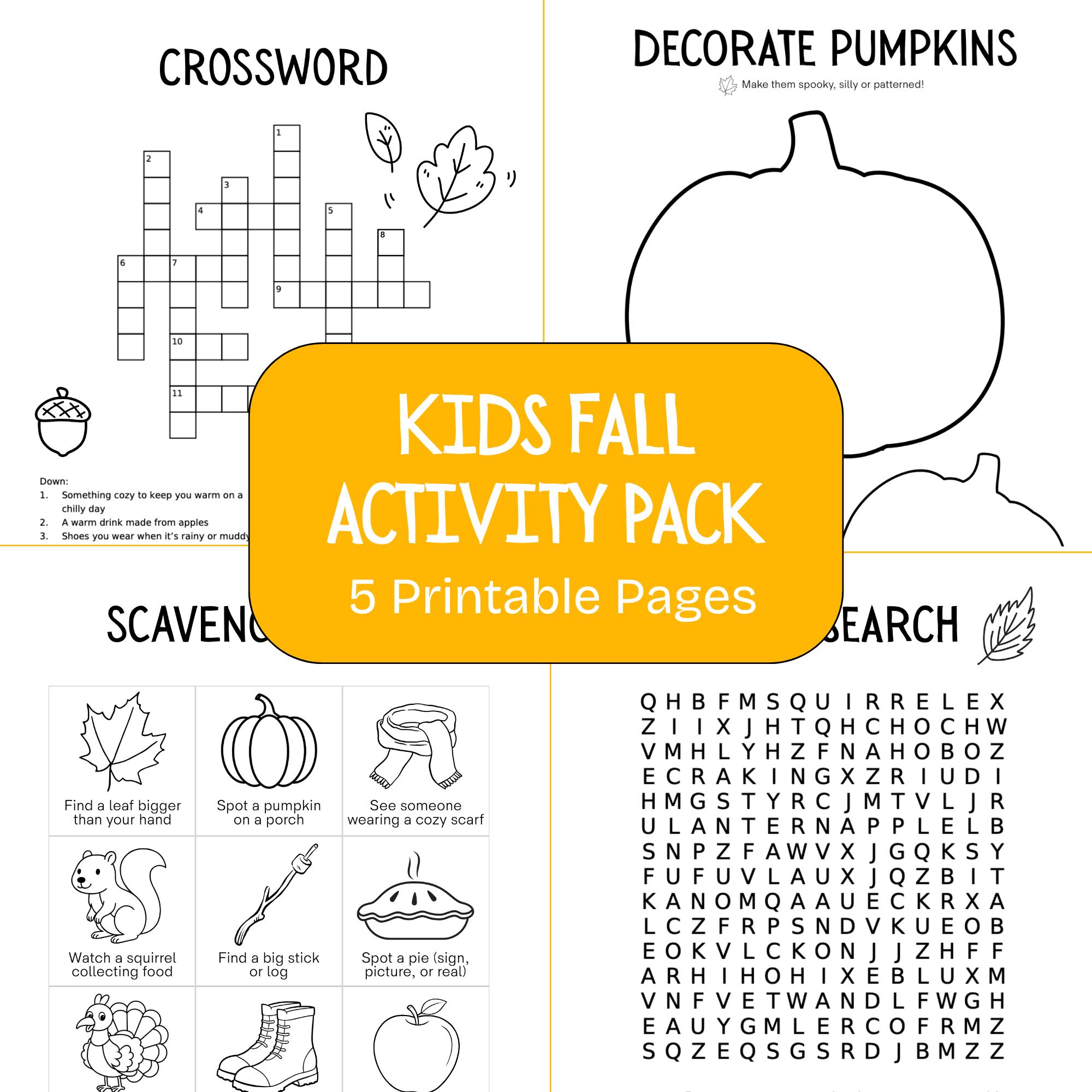 Kids Fall Activity Pack – Word Search, Crossword, Scavenger Hunt ...