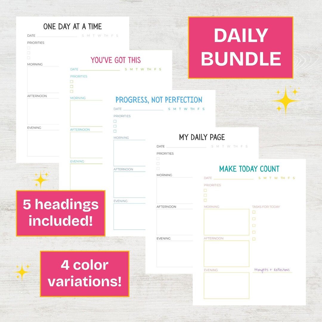 Daily Planner Printable Bundle | 5 Headers × 4 Colorways | Undated To ...