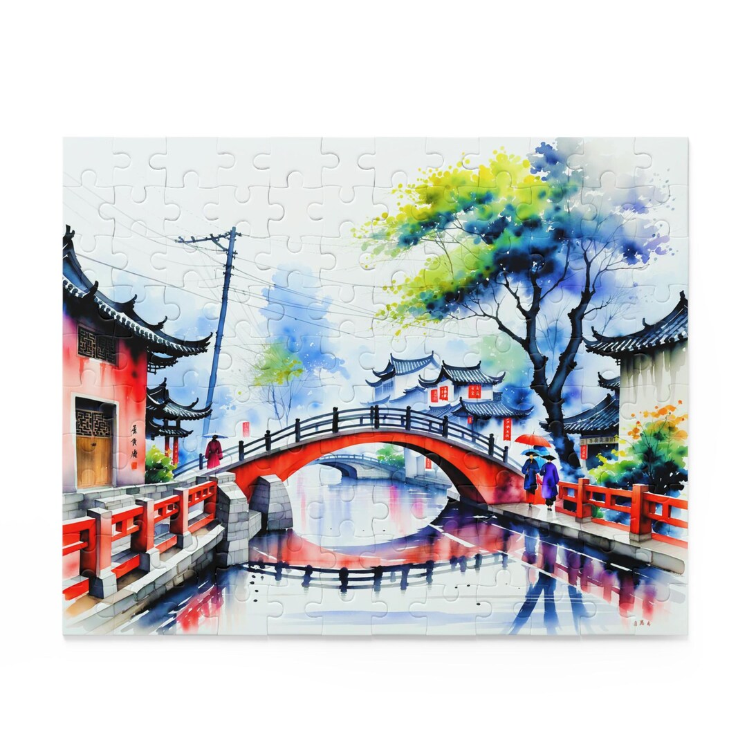 Watercolor Asian Bridge Puzzle | Scenic 120-252-500 Piece Jigsaw - Etsy