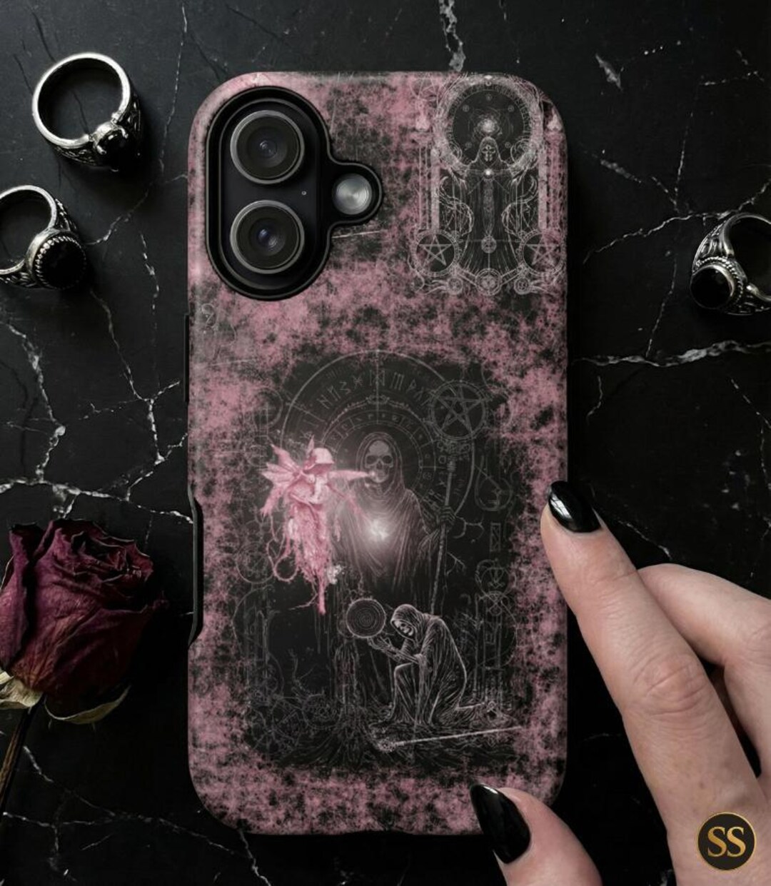 Pastel Goth Phone Case, Pink Grim Reaper iPhone 16 15 14 Pro Max Cover ...