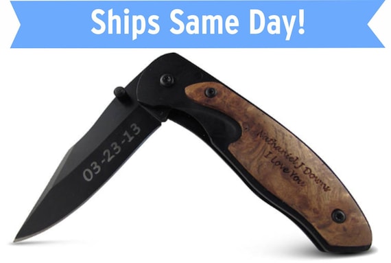 6 Of Personalized Knife Custom Engraved Black Blade Wood Inlay | Etsy