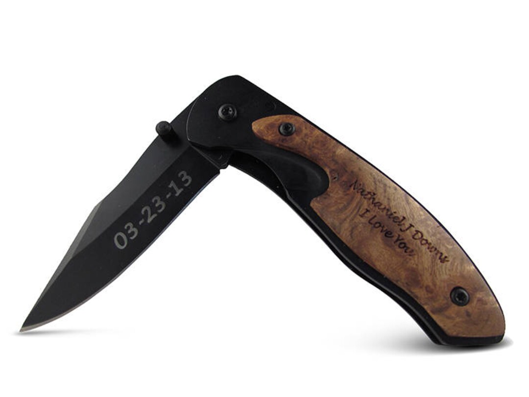 13 of Personalized Knife Custom Engraved Black Blade Wood Inlay Knife ...
