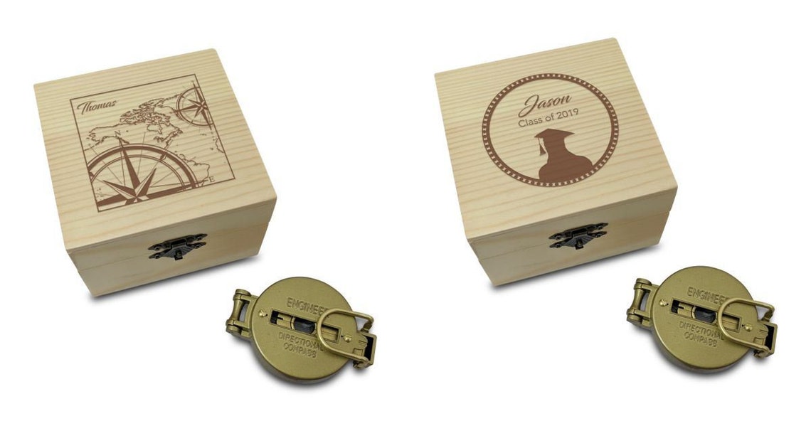 Laser Engraved Natural Wood Box With Compass Gift for - Etsy