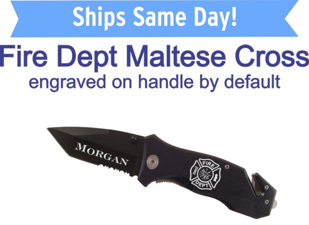 Personalized Black Firefighter Rescue Knife - Customized Maltese Cross ...
