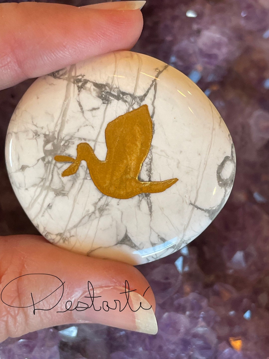 Dove Totem Stone: Engraved Worry Gemstone, Gold Embossed Power Animal ...