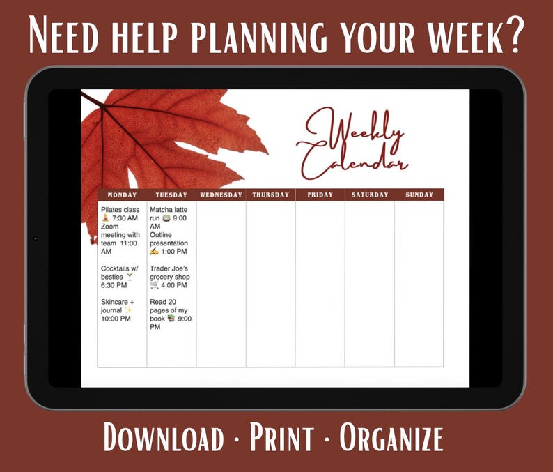 Editable Weekly Calendar | Printable Planner | Autumn Collection ...