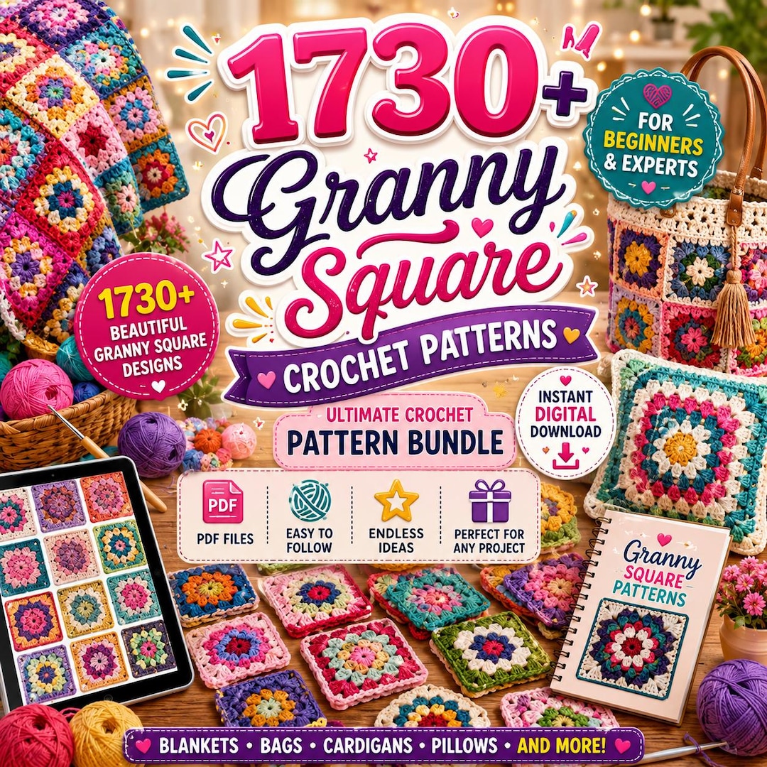 Granny Square Patterns Mega Bundle , 1730+ Ultimate Crochet Pattern ...