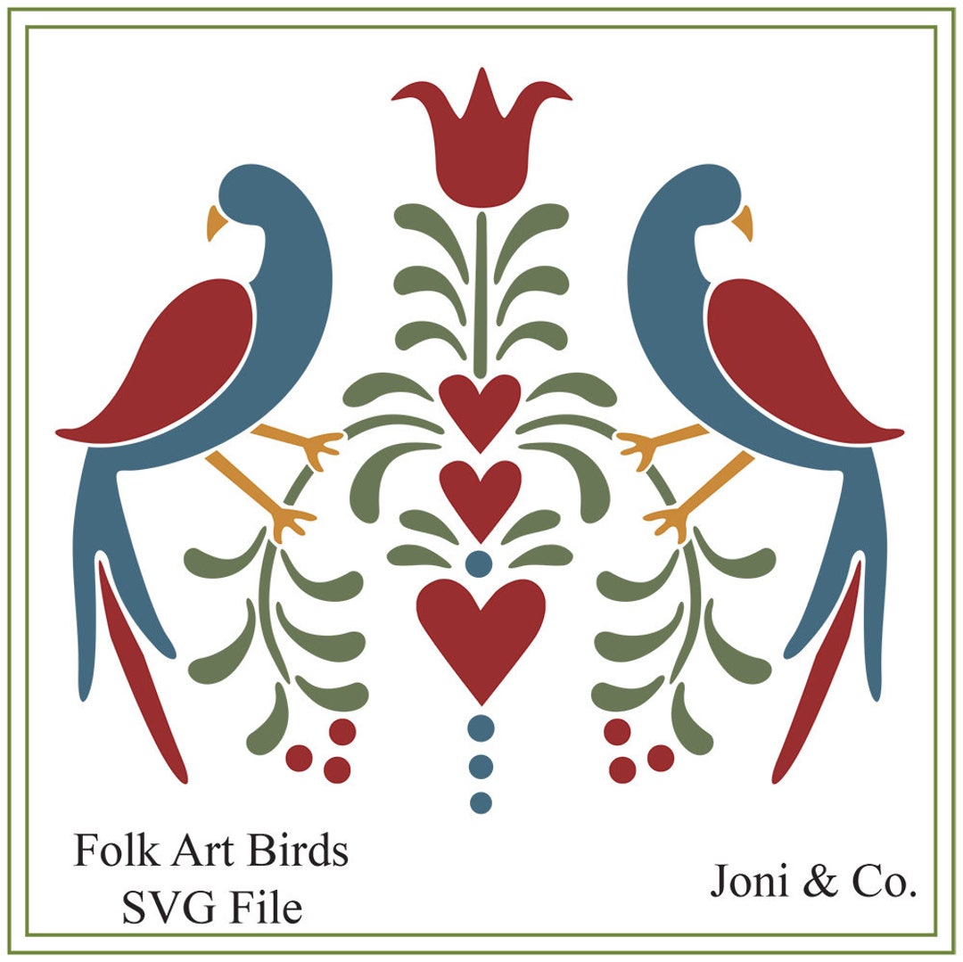 Folk Art Birds SVG File Download, Primitive Flowers SVG, Glass Block ...