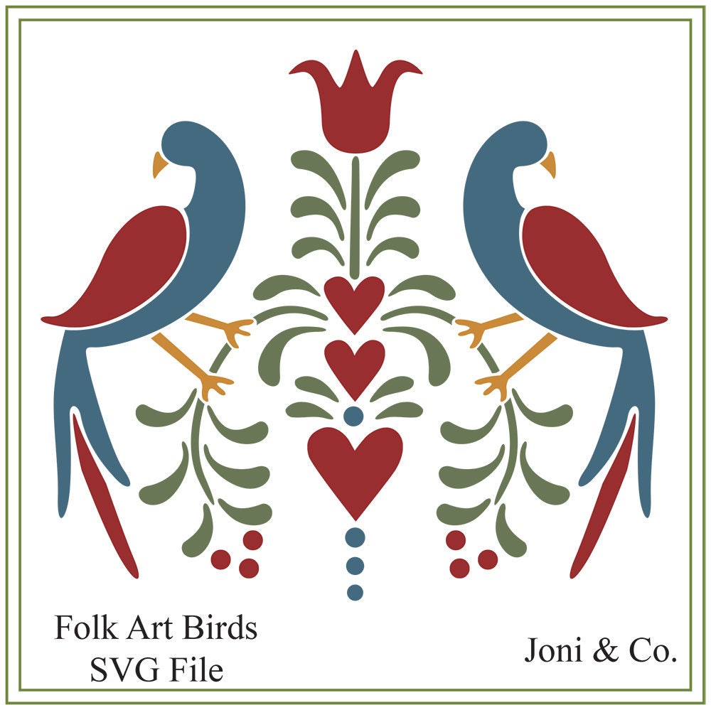 Folk Art Birds SVG File Download Primitive Flowers SVG Glass - Etsy