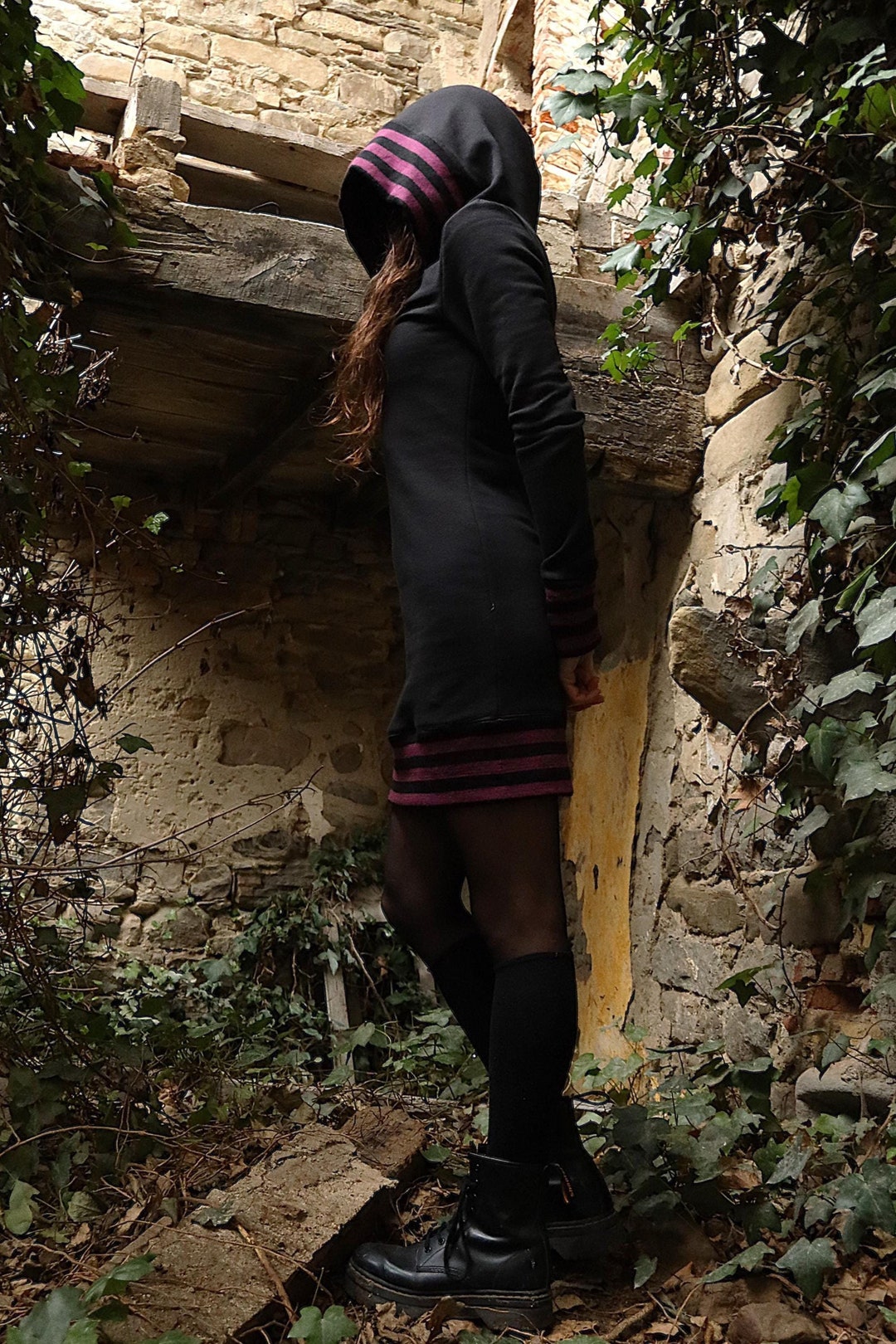 KAMPFKATZE STRIPED_HEART Stretch Striped Hooded Dress With Keyhole Diy ...