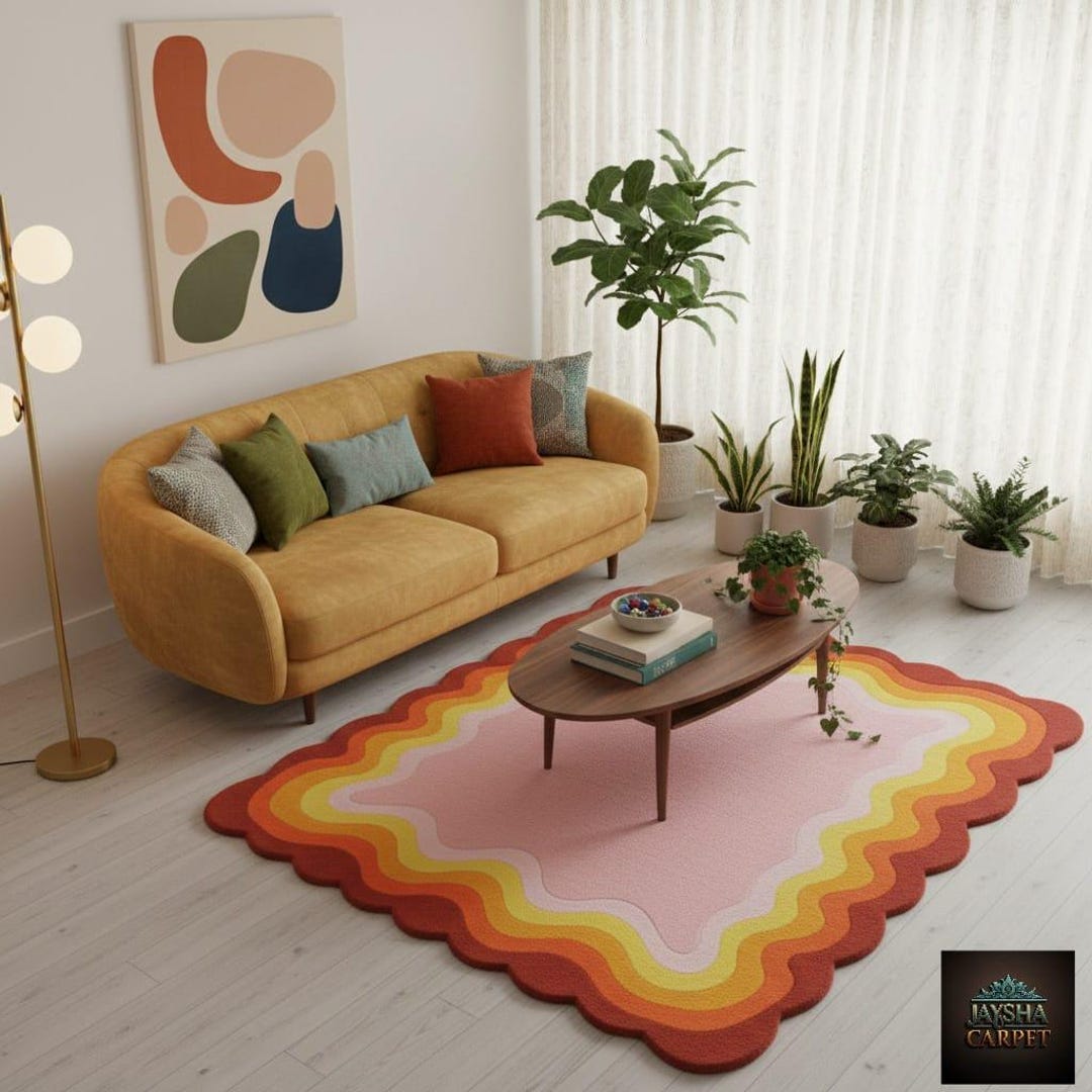 Retro Wavy Multi-color Wool Rug | Hand-tufted Scalloped Area Rug ...
