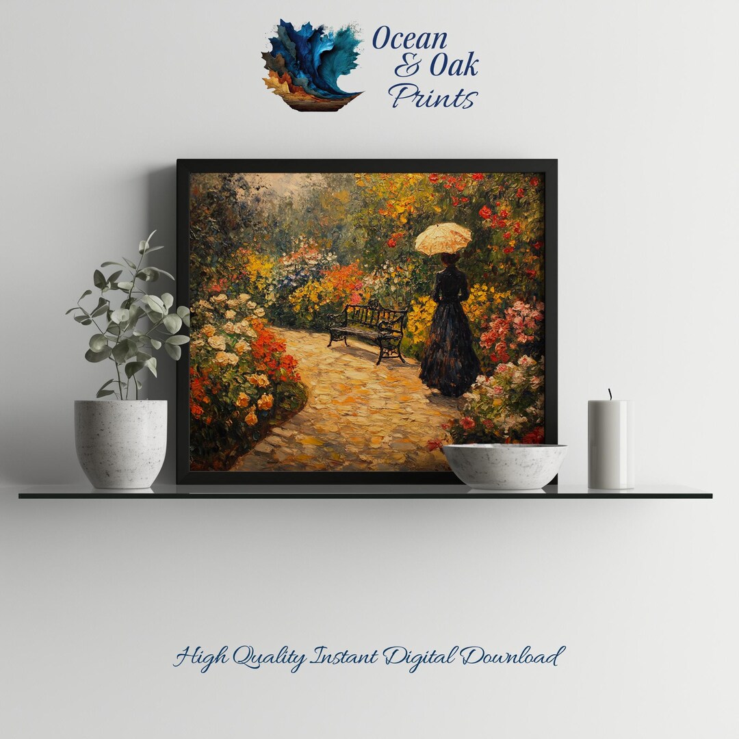 Cottagecore Garden Path Print: Woman With Parasol, Floral Oil Painting ...