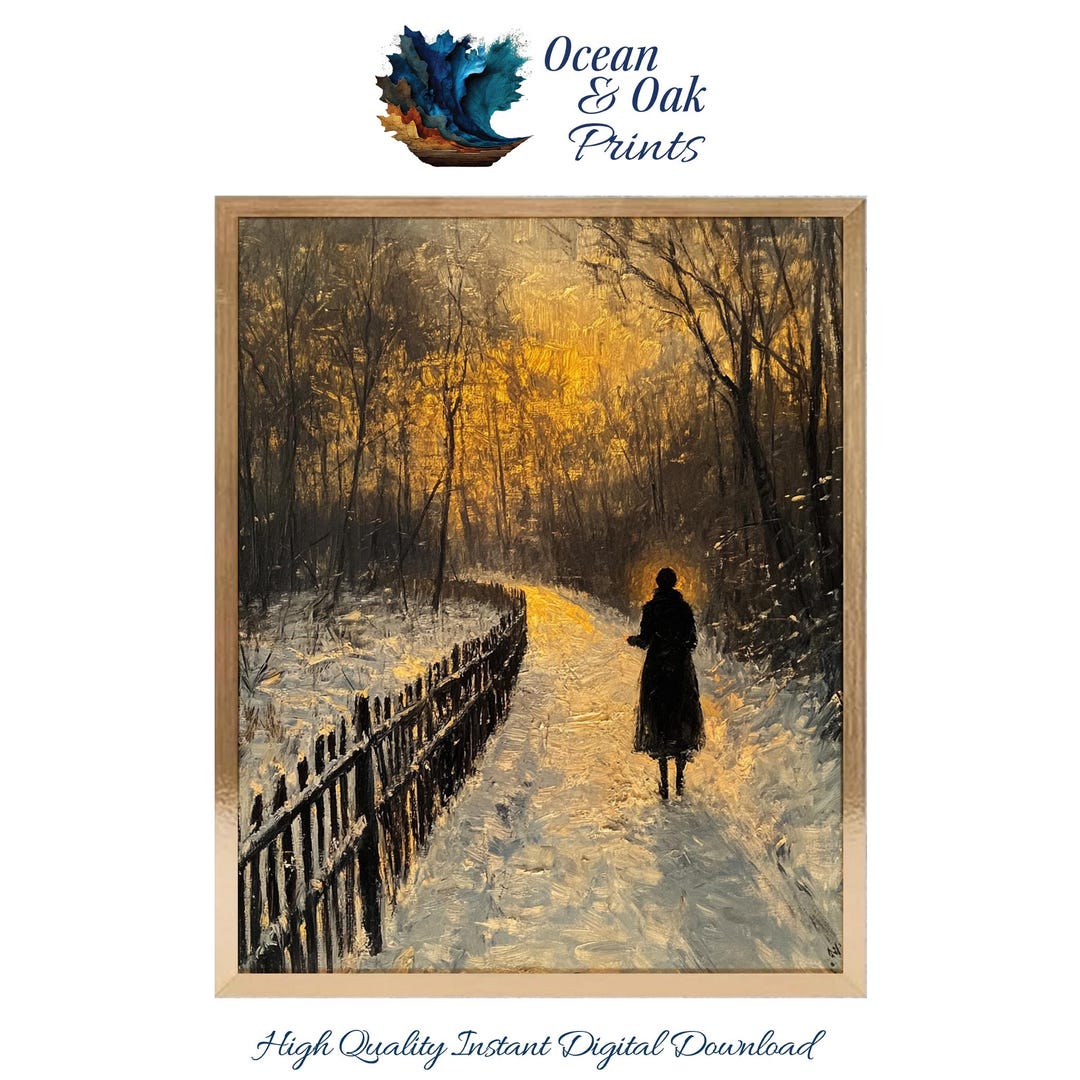 Moody Winter Scene With Woman Walking - Printable Art, Vintage Snowy ...