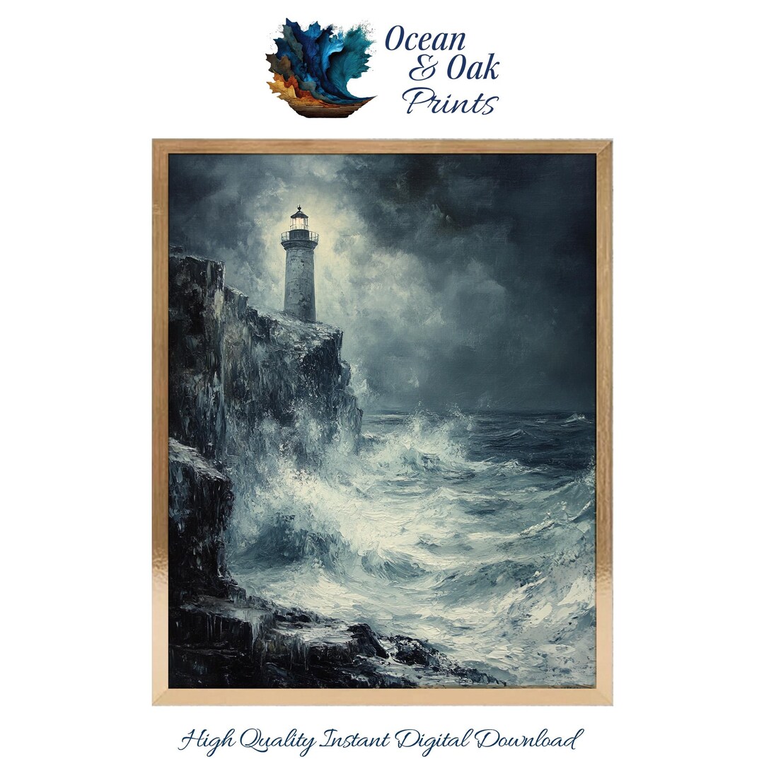 Printable Stormy Lighthouse Seascape - Moody Winter Coastal Art ...