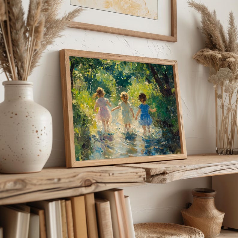 Children Playing in Meadow: Vintage Cottagecore Art Print (digital ...