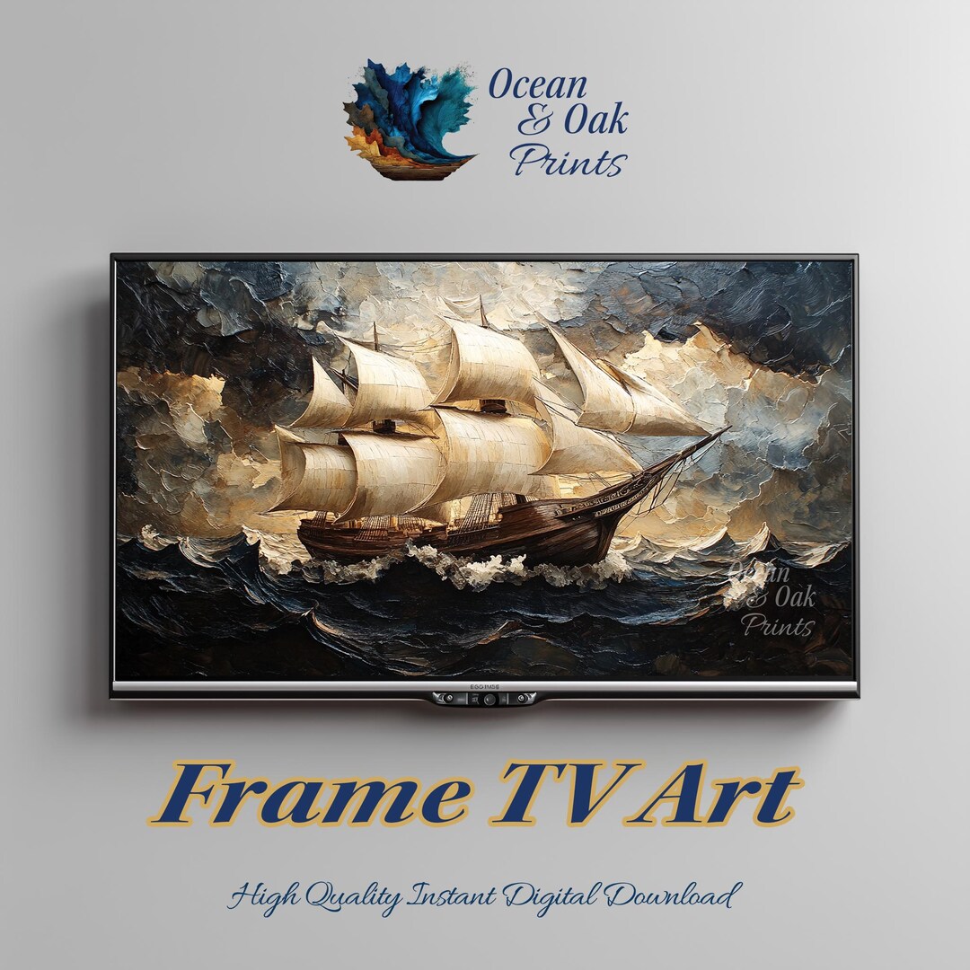 Moody Nautical Intarsia Frame TV Art, Dramatic Sailing Ship Design for ...