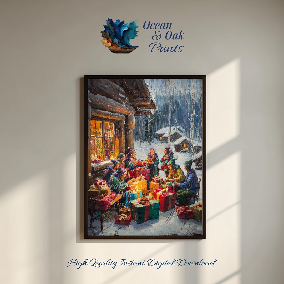 Rustic Christmas Elves Painting – Vintage Cabin Holiday Wall Art ...