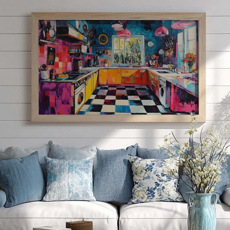 Retro Bendy Kitchen Frame TV Art, Surreal Wall Decor, Playful Colorful ...