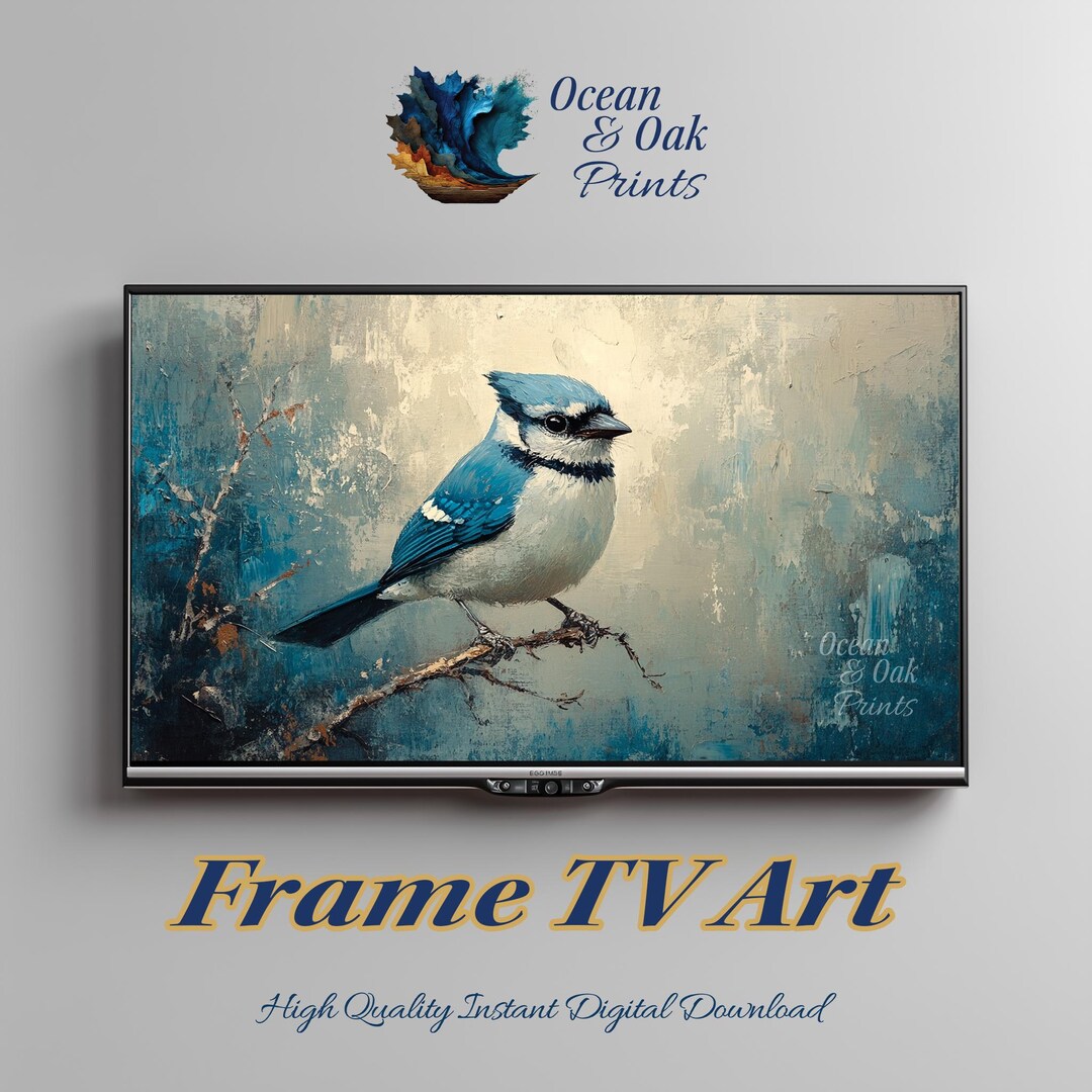 Moody Blue Jay Frame TV Art, Rustic Bird Wall Decor, Vintage-inspired ...