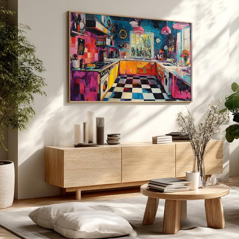 Retro Bendy Kitchen Frame TV Art, Surreal Wall Decor, Playful Colorful ...