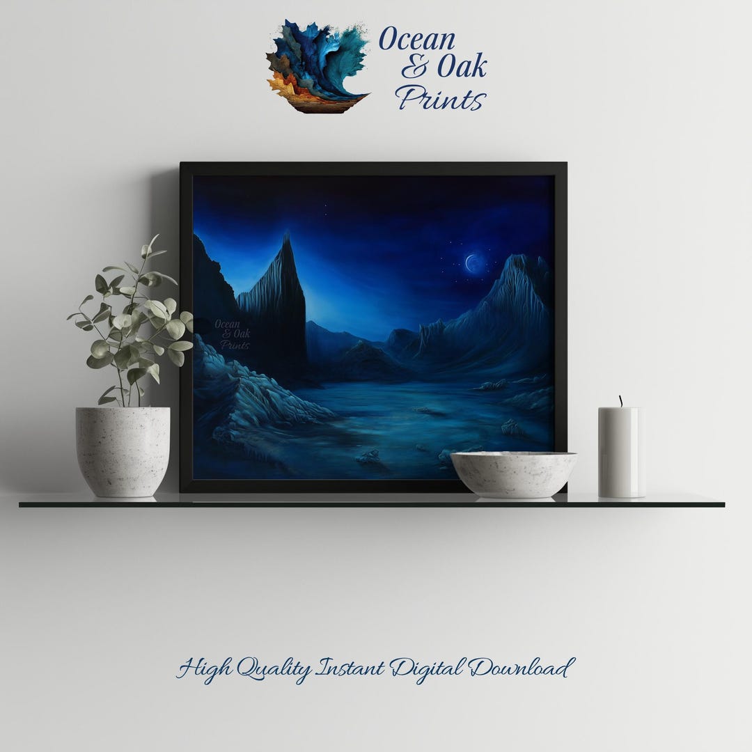Moody Mountain Nightscape Art Print: Surreal Blue Landscape (digital ...