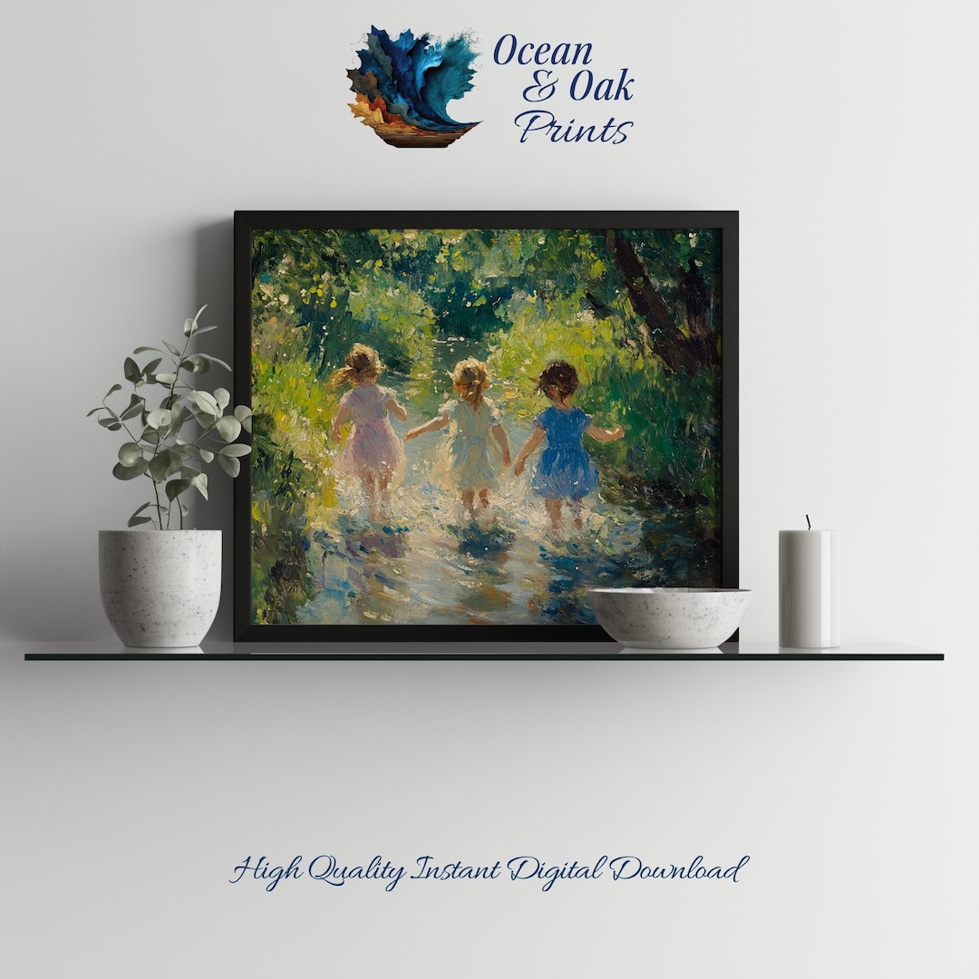 Children Playing in Meadow: Vintage Cottagecore Art Print (digital ...