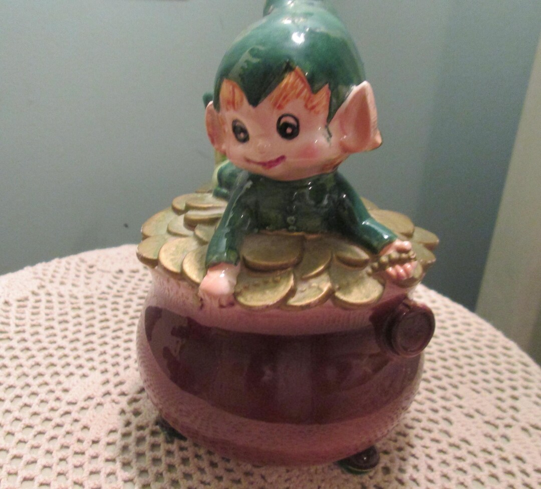 Lefton RARE Pixie Elf Barrel Bank Elf Sits on Coins - Etsy