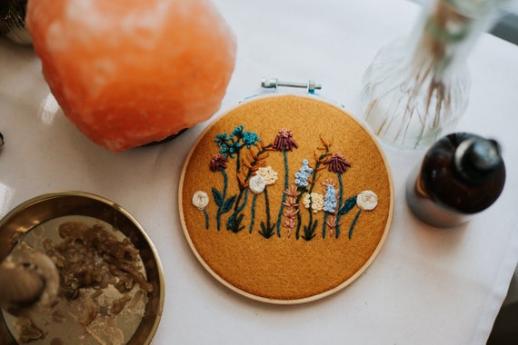 Golden flowers hand embroidery thread painting art hoop wall | Etsy