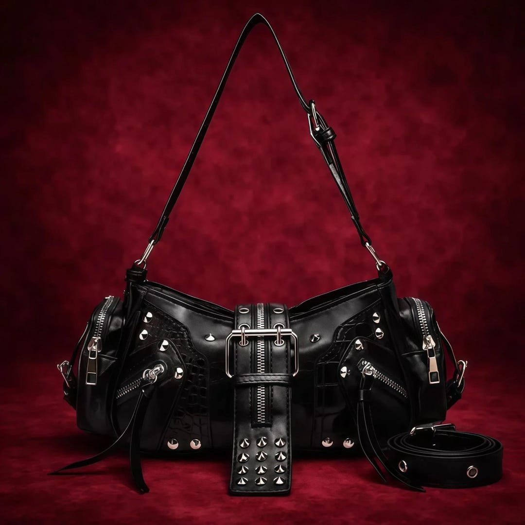 Emo Fashion Black Leather Purse Clutch With Studded Details Gothic ...