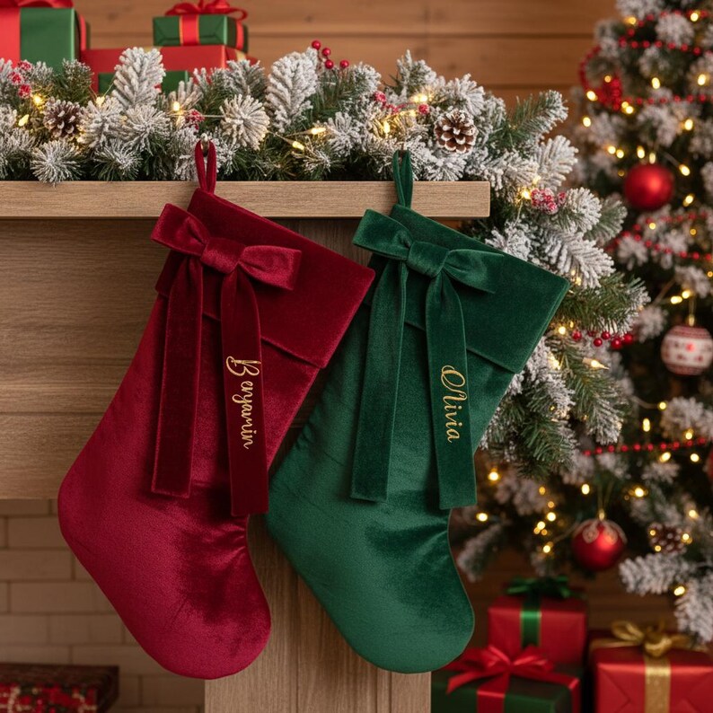 Personalized Bow Velvet Christmas Stocking With Name, Christmas Gift ...
