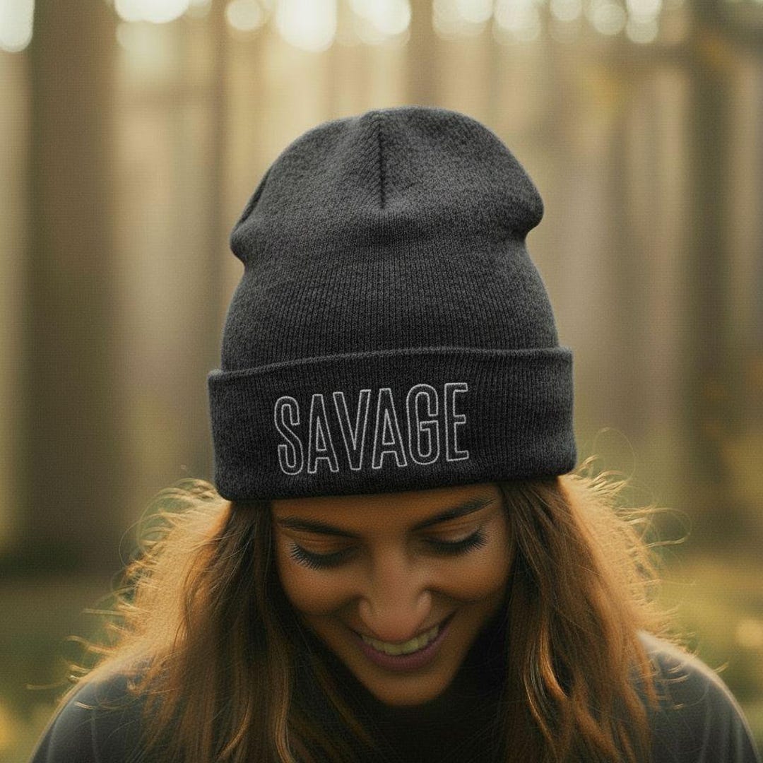 SAVAGE Embroidered Beanie Cuffed Winter Hat Unisex Knit Cap Whimsigoth ...