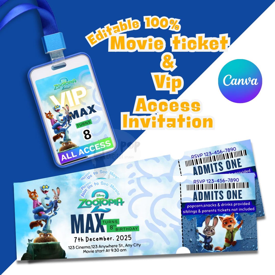 Editable Zootopia 2 Movie Ticket Birthday Invitation , VIP Access Pass ...